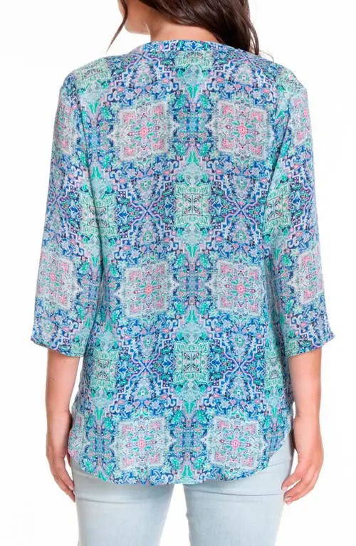 APNY Print Mandarin Collar Chiffon Button-up Top - Blue Multi