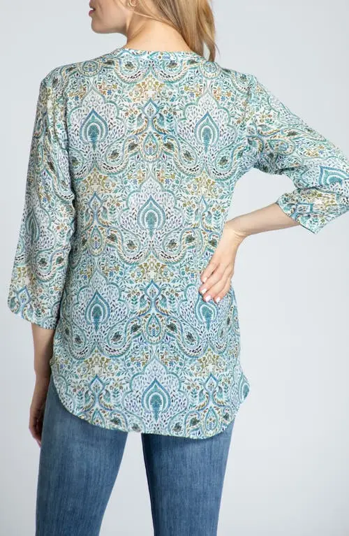 APNY Print Mandarin Collar Chiffon Button-up Top - Green Multi