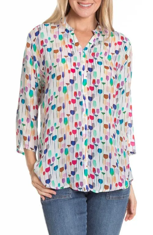 APNY Print Mandarin Collar Chiffon Button-up Top - White Multi