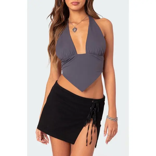 EDIKTED Open Back Halter Top - Dark-gray