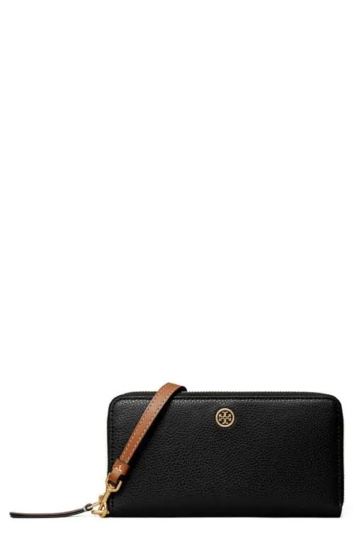 Tory Burch Robinson Pebble Leather Zip Around Continental Wallet - Black