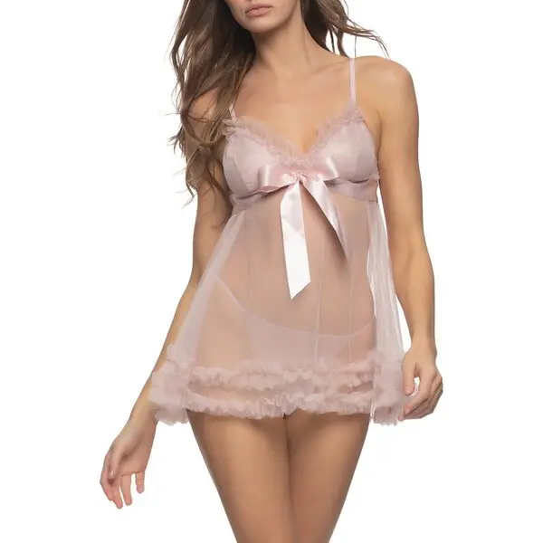 BLACK BOW Veil Babydoll Chemise & G-string - Lotus