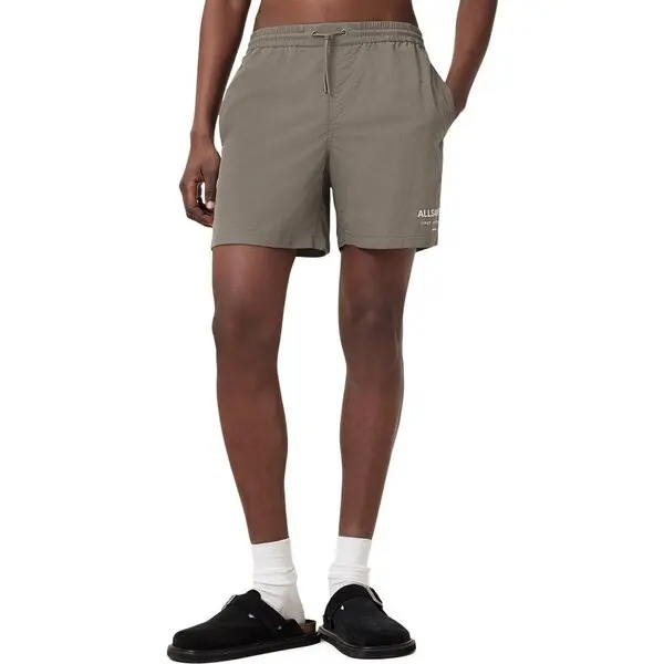 ALLSAINTS Underground Logo Print Swim Trunks - Ash Khaki Green