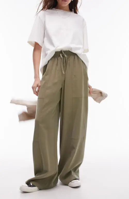 Topshop Wide Leg Drawstring Pants - Khaki Green