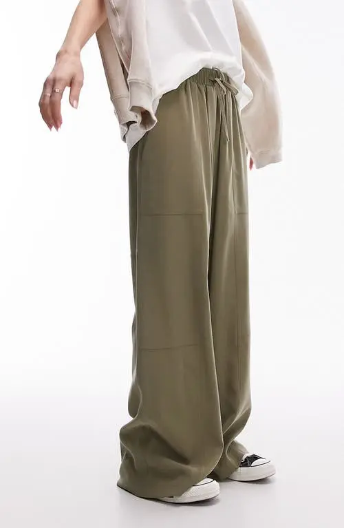 Topshop Wide Leg Drawstring Pants - Khaki Green
