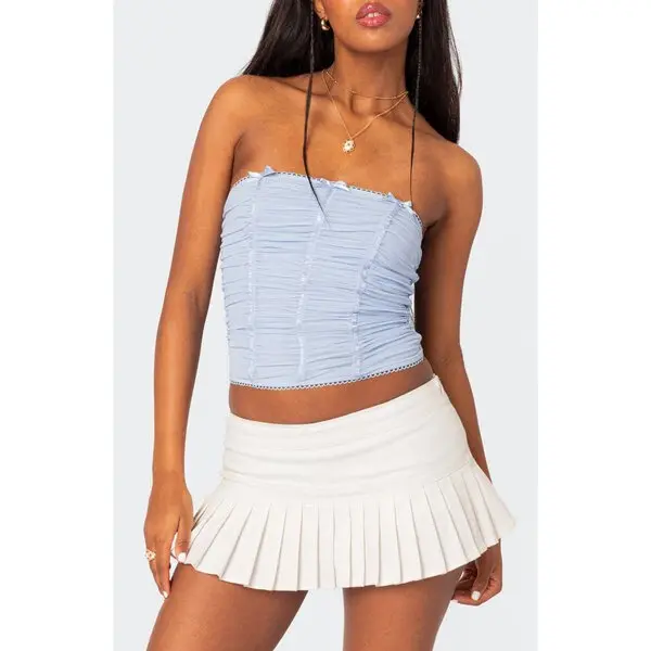 EDIKTED Veronika Strapless Ruched Mesh Top
