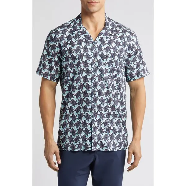 Johnston & Murphy Leaf Print Cotton And Modal Camp Shirt - Blue