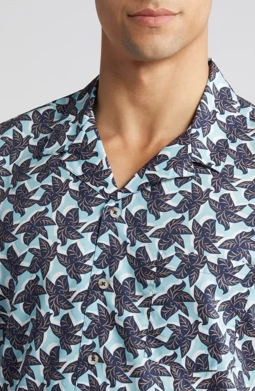 Johnston & Murphy Leaf Print Cotton And Modal Camp Shirt - Blue