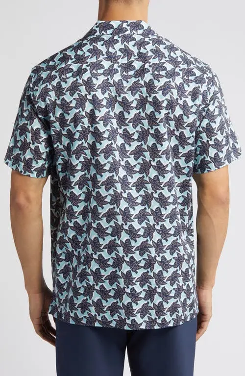 Johnston & Murphy Leaf Print Cotton And Modal Camp Shirt - Blue