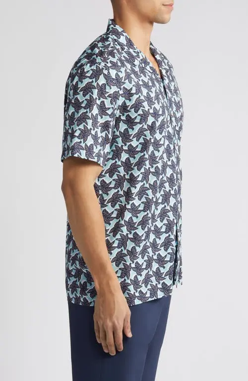 Johnston & Murphy Leaf Print Cotton And Modal Camp Shirt - Blue