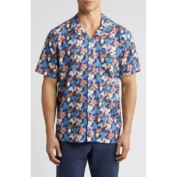 Johnston & Murphy Abstract Floral Cotton And Modal Camp Shirt - Navy