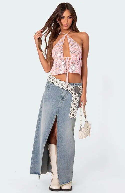 EDIKTED Backless Paillette Crochet Halter Top