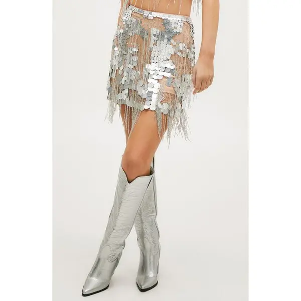 Nasty Gal Paillette Beaded Fringe Mini Skirt - Silver