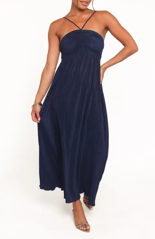 PETAL & PUP Polly Pleated Sleeveless Midi A-line Dress - Navy