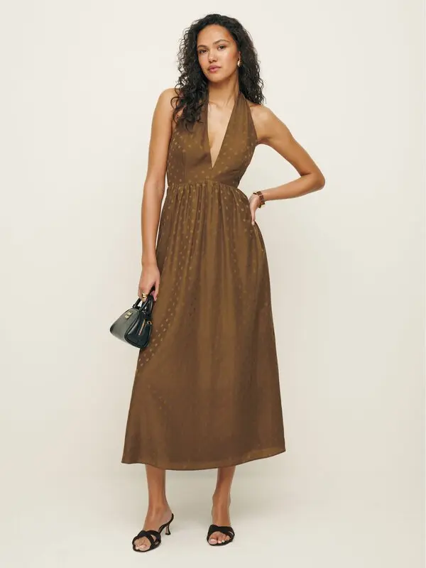 Reformation Jovanna Polka Dot Midi Dress In Ginger - 70% Off