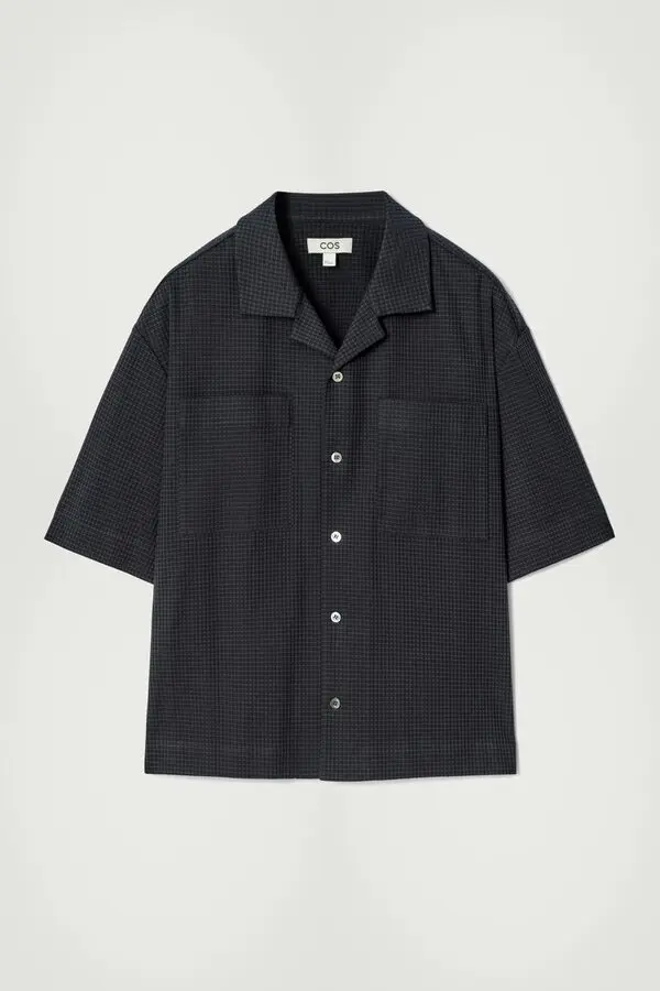 Cos Relaxed Textured Cotton Resort Shirt - Navy
