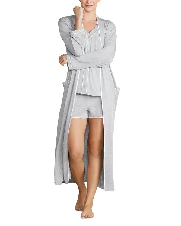 Barefoot Dreams Malibu Collection Soft Jersey Piped Robe - Heathered Gray/white
