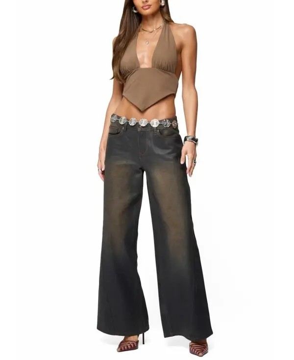 EDIKTED Open Back Halter Top - Brown