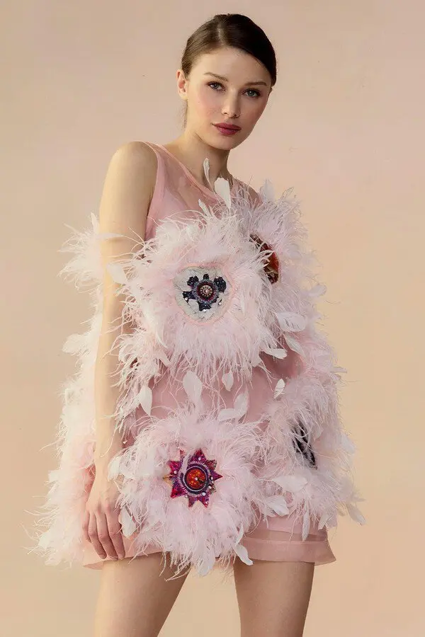 Embellished Feathered Dress - Red