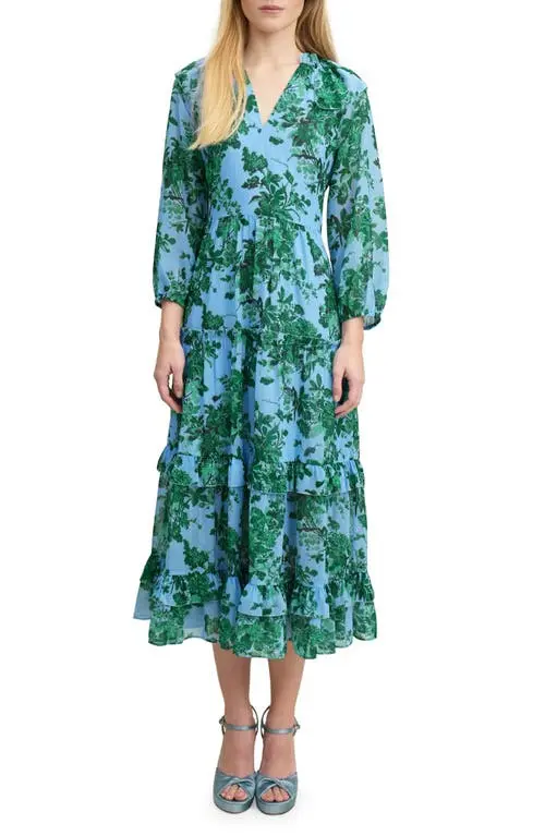 lk bennett maxi dress Lk Bennett Eleanor Print Long Sleeve Ruffle Maxi Dress In Blue - 40% Off