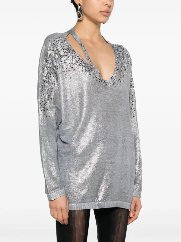 Avant Toi Crystal-Embellished V-Neck Jumper Grey 20% Off