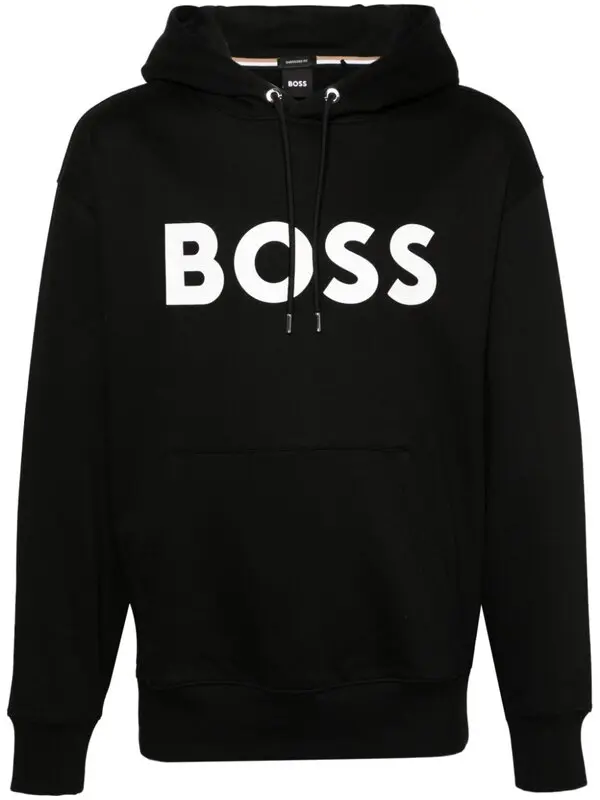 BOSS Logo Print Cotton Hoodie - Black