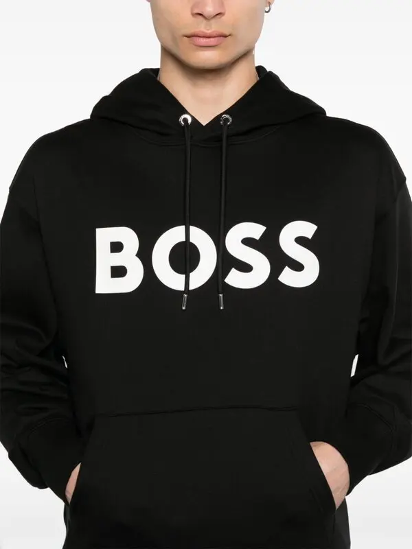 BOSS Logo Print Cotton Hoodie - Black