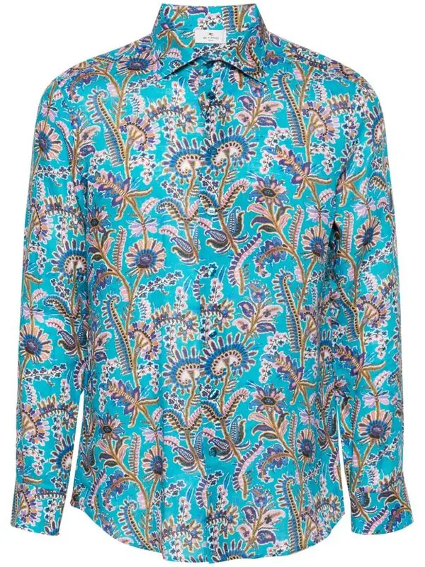 Etro Floral-print Linen Shirt - Blue