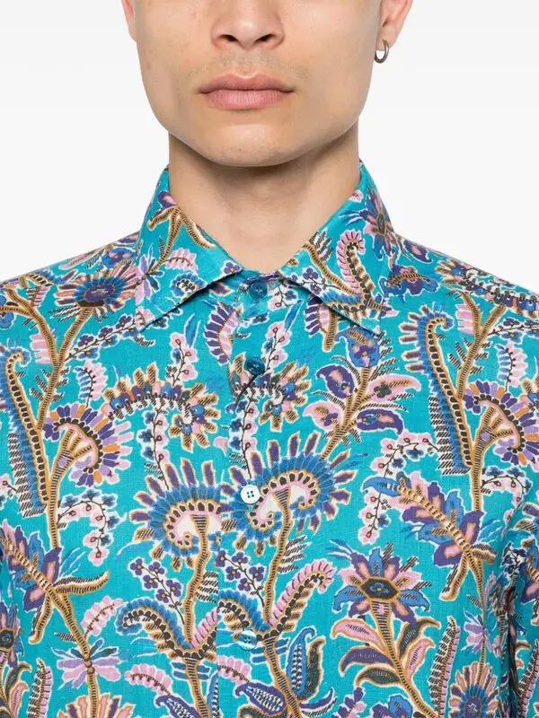 Etro Floral-print Linen Shirt - Blue