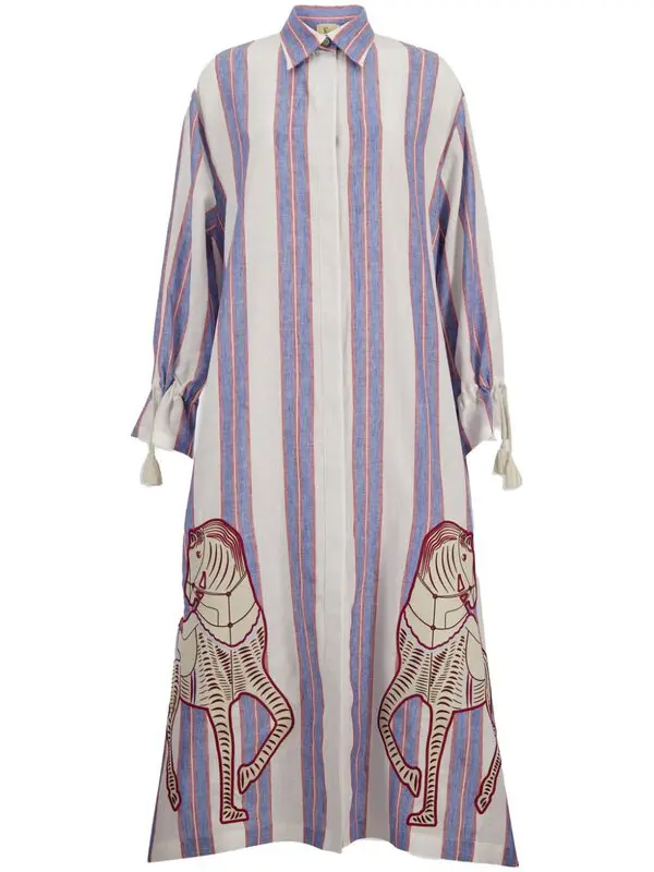 PAULA Embroidered Striped Linen Dress