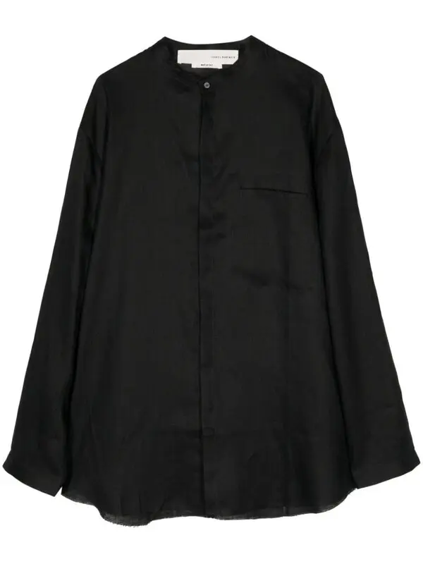 Isabel Benenato Band-collar Linen Shirt - Black