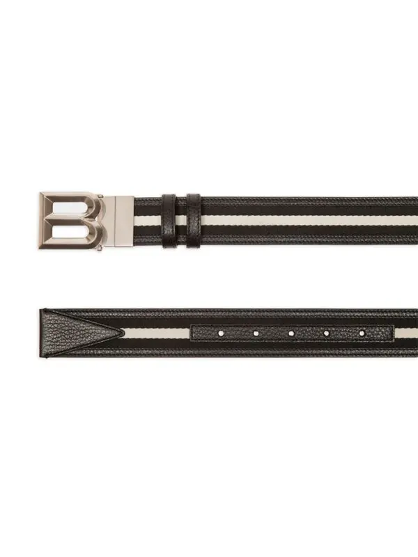Bally B-logo Striped Leather Belt - Black