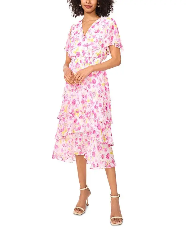 Vince Camuto Floral Print Flutter Sleeve Tiered Ruffle Midi Dress - Violet Blush