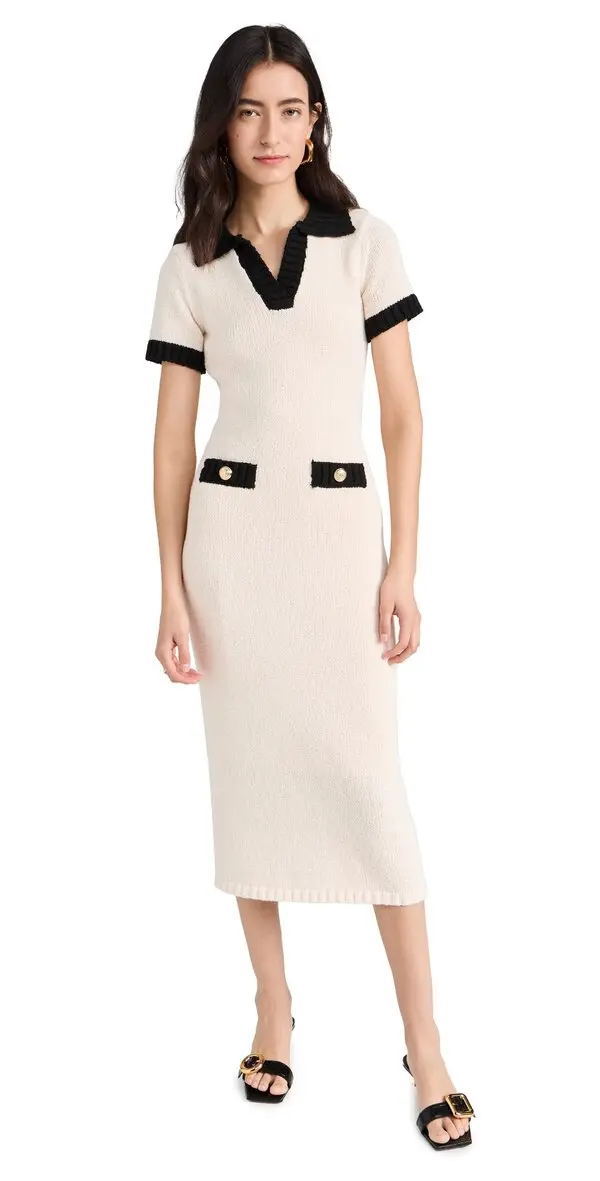 Endless Rose Crochet Knit Collared Dress In Cream/Black - 70% Off