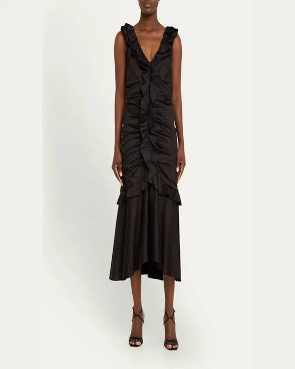 Carolina Herrera Ruched Ruffle Trumpet Midi Dress