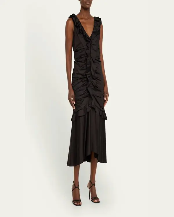 Carolina Herrera Ruched Ruffle Trumpet Midi Dress