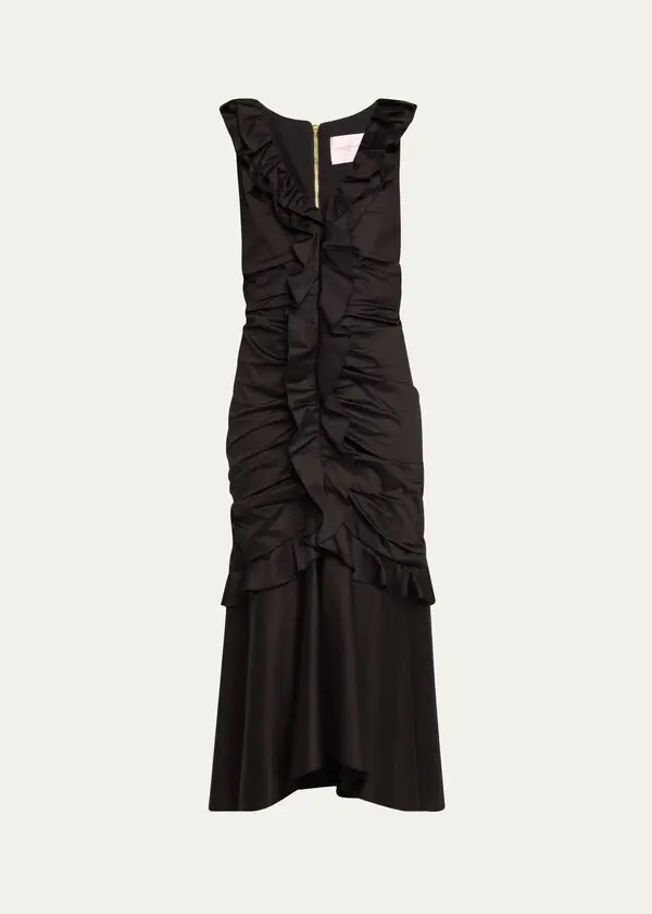 Carolina Herrera Ruched Ruffle Trumpet Midi Dress