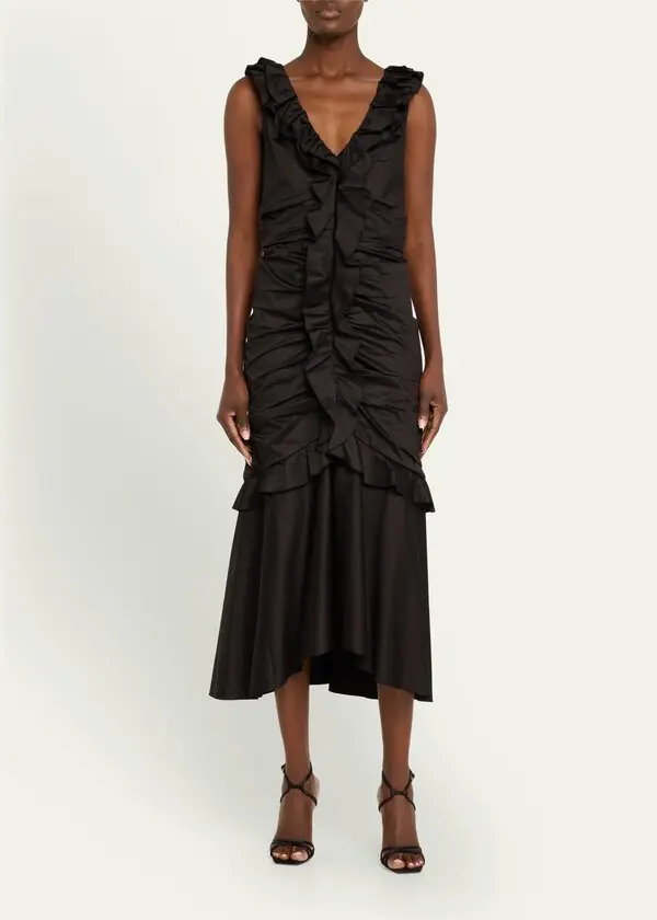 Carolina Herrera Ruched Ruffle Trumpet Midi Dress
