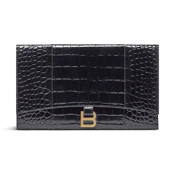 Balenciaga Hourglass Crocodile Embossed Flat Pouch - Black