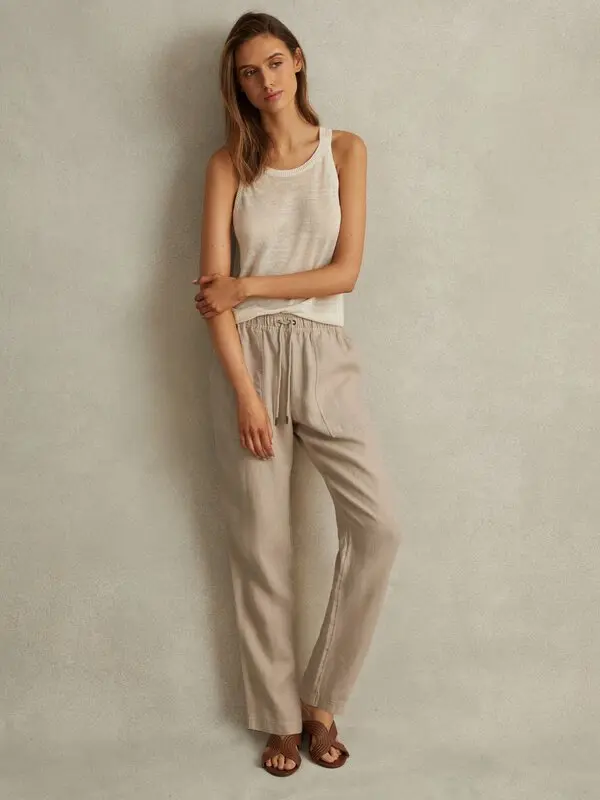 REISS Romie Drawstring Linen Trousers - Sand