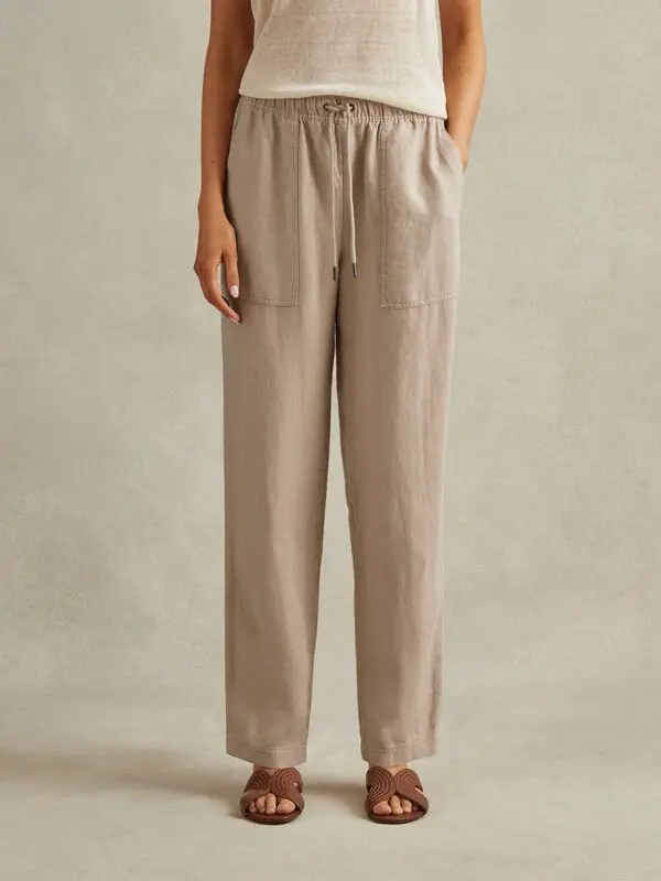 REISS Romie Drawstring Linen Trousers - Sand