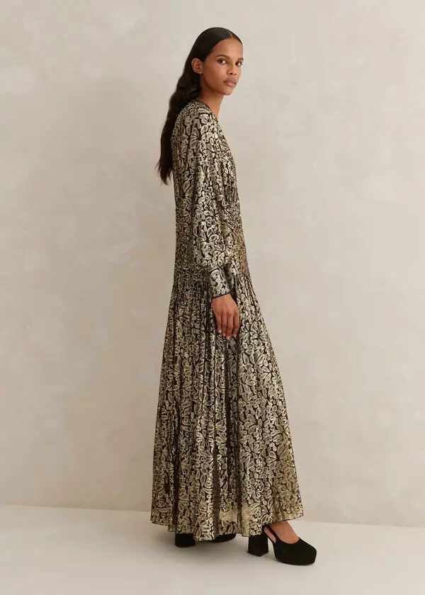 Me+Em Silk Metallic Flower Lamé Dress + Belt - Black/Gold
