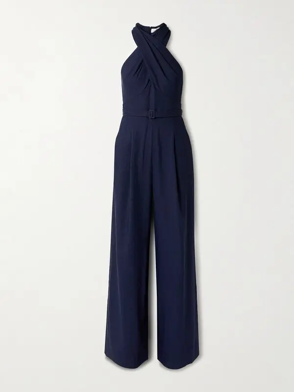 A.L.C. Murphy Ii Belted Pleated Linen-blend Twill Halterneck Jumpsuit - Blue