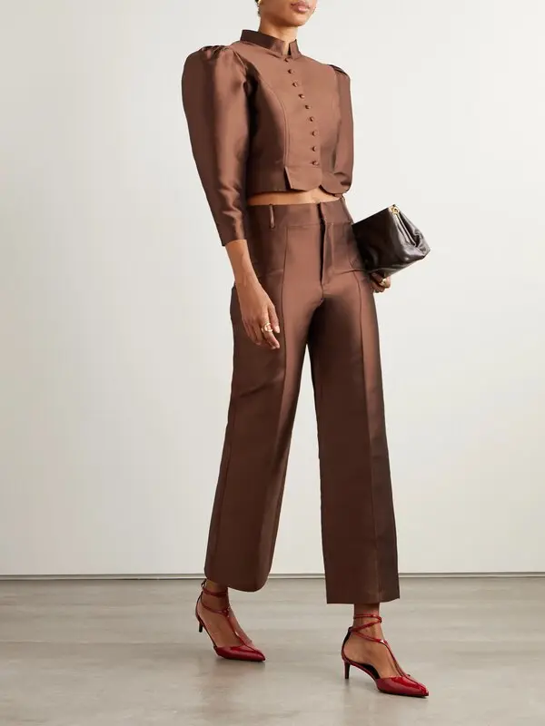 DESTREE Yoshi Cropped Taffeta Flared Pants - Brown