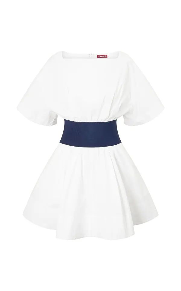 Staud Amy Denim-Paneled Cotton Poplin Mini Dress In Navy - 60% Off |  Editorialist