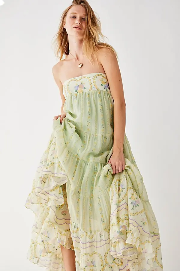 slim fit dress slacks Free People Ruffle Neck Long Sleeve Women's Dress Floral Green