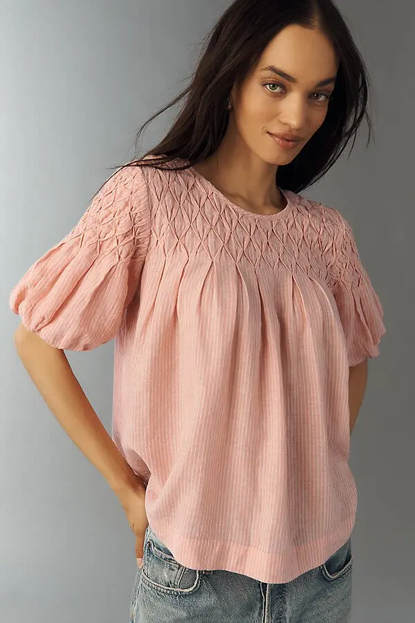 Anthropologie The Liza Puff-sleeve Smocked Top - Lobster Shell