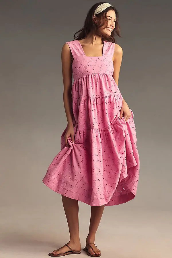 Anthropologie Square-Neck Eyelet Tiered Midi Dress In Pink - 61% Off |  Editorialist