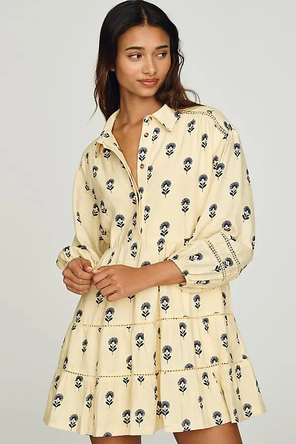 Maeve The Bettina Linen Blend Tiered Mini Shirt Dress - Yellow Pattern