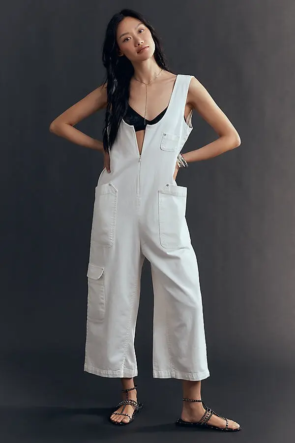 PILCRO Zip-front Wide-leg Overalls - Ivory